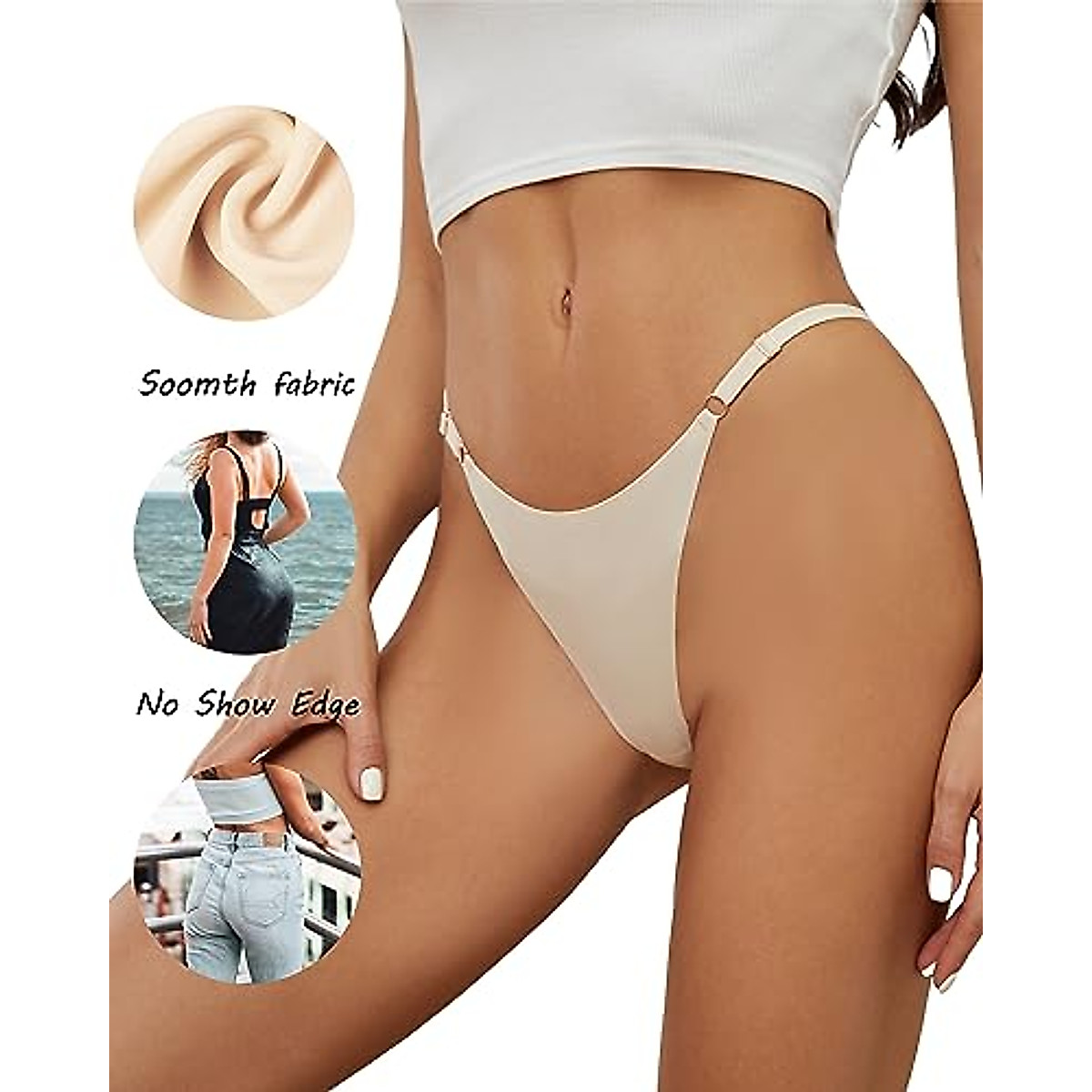 Bolivelan Adjustable Seamless String Underwear for Women G-String Thongs Panties High Cut Brazilian Briefs 6 Pack, US 4, Multicolor