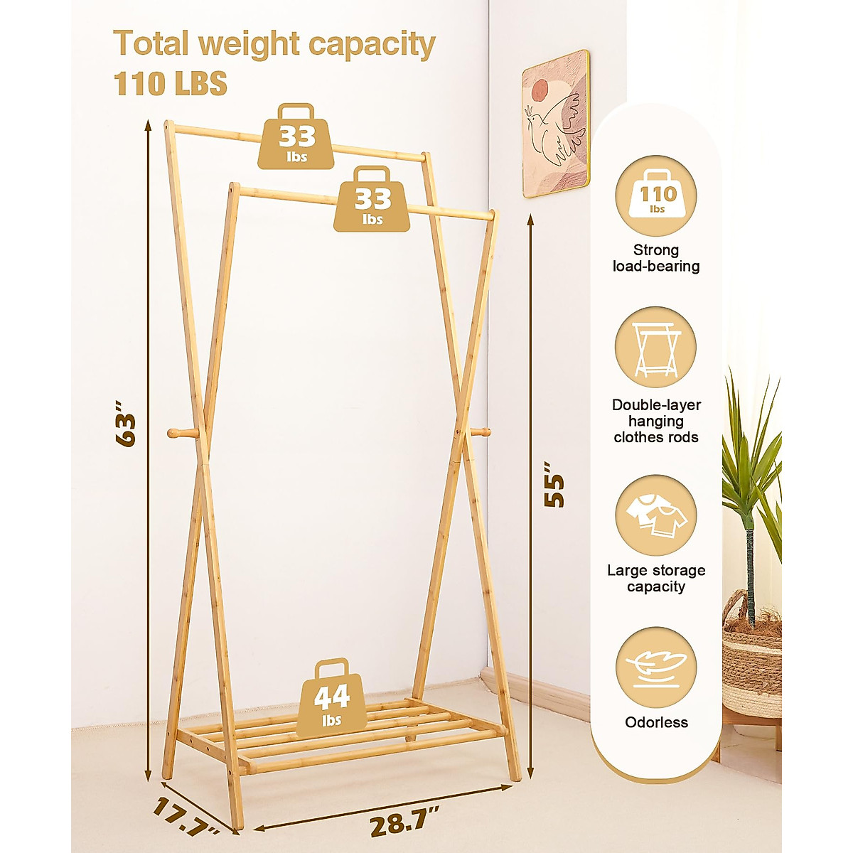 Cozivolife Bamboo Clothes Rack with Storage Shelf, Portable Garment Rack Clothing Racks for Hanging Clothes, Foldable Wardrobe Storage Rack for Entryway and Bed Room (Natural)