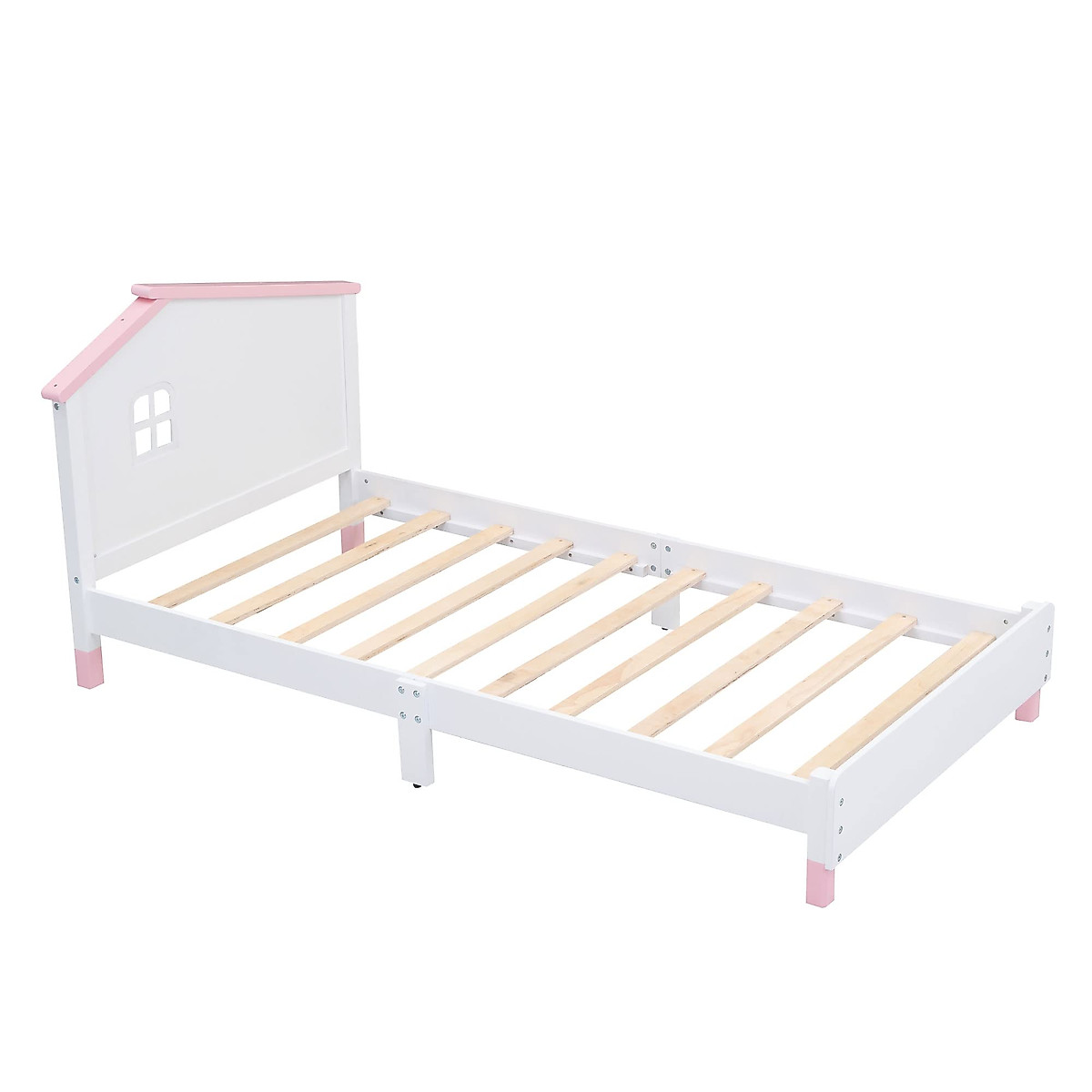 Bellemave Twin Platform Bed with Headboard, House Twin Bed with Support Slats, Wood Kids Twin Size Bed for Boys Girls, No Box Spring Needed, Bedroom Furniture (White+Pink)