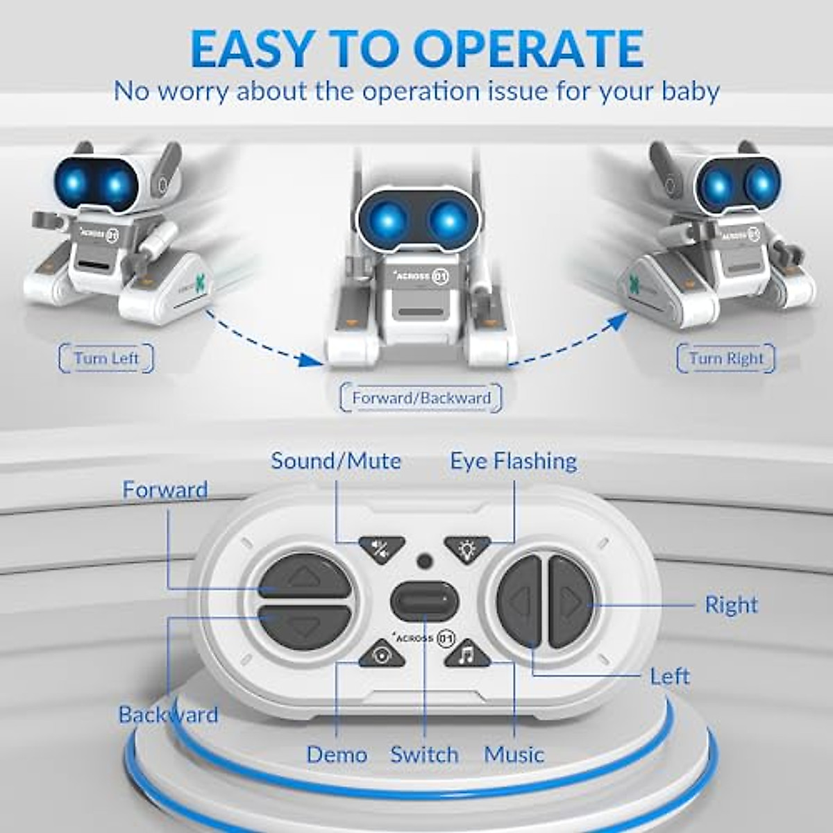 STEMTRON RC Robot Toys for Kids, Rechargeable Remote Control Robot Toy for Boys & Girls, with Auto Demo, Dance Moves, Music, Shining 7 Colors LED Eyes & Flexible Head, Ears & Arms