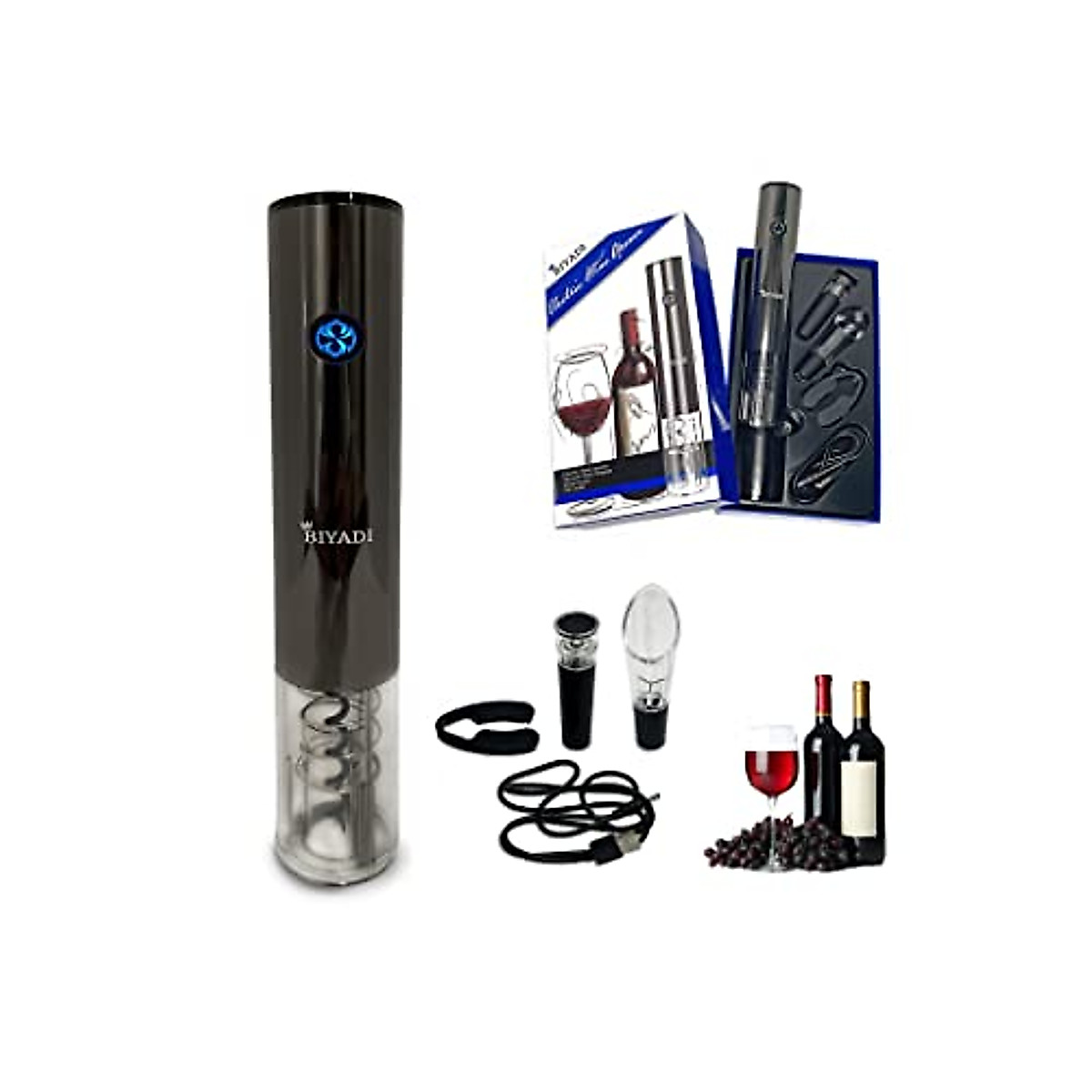 BIYADI Electric Wine Opener Set - Rechargeable Wine Bottle Opener - Automatic Electric Corkscrew Opener for Wine with Foil Cutter, Wine Pourer, Vacuum Stopper, and USB charger - Wine Lover Gift Set