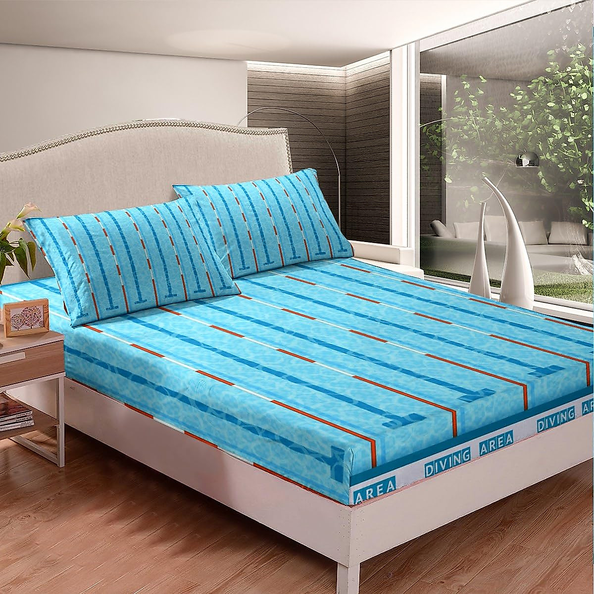 Swimming Kids Sheet Full Size,Swim Sports Games Modern Fashion Bedding Set,Boys Girls Adults Room Decor,Swimming Pool Chic Blue Unique Bed Sheet Set 4pcs(Fitted + Flat + 2 Pillowcases)