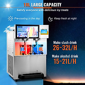 VEVOR Commercial Slushy Machine, 8L/2.1 Gal Double Bowl, Cool and Freeze Modes, 1800W Stainless Steel Margarita Smoothie Frozen Drink Maker, Slushie Machines for Party Cafes Restaurants Bars Home Use