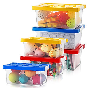 Thyle 6 Pcs Toy Storage Organizer Bins Plastic Toy Box Large and Medium Toy Container Brick Shaped Storage Containers with Compatible Building Baseplate and Lid for Kids Brick Toy Small Doll, 3 Colors