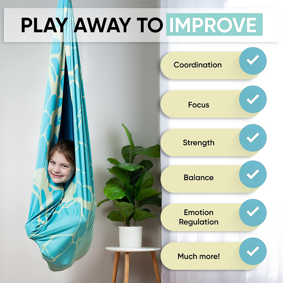 Indoor Sensory Swing for Kids or Outdoor – Holds 300lbs, Double-Layer, & 360° Swivel, Calming Compression Therapy Swing Hammock for Kids & Adults with All Hardware – Sensory-Motor Toys & Gifts