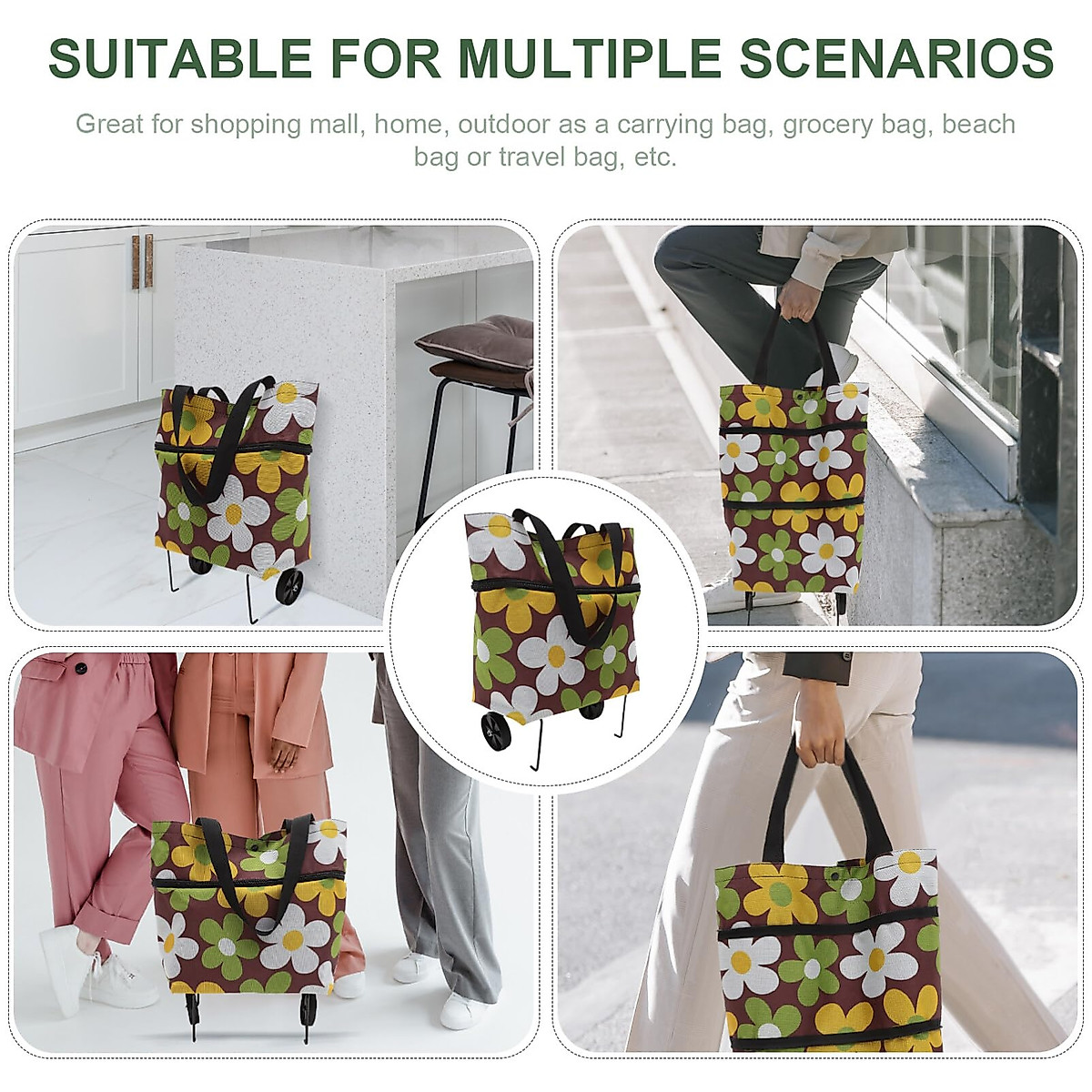 Tofficu Foldable Shopping Cart Trolley Folding Shopping Bag Portable Sunflower Pattern Bag with Wheels Collapsible Food Bag for Shopping Travel