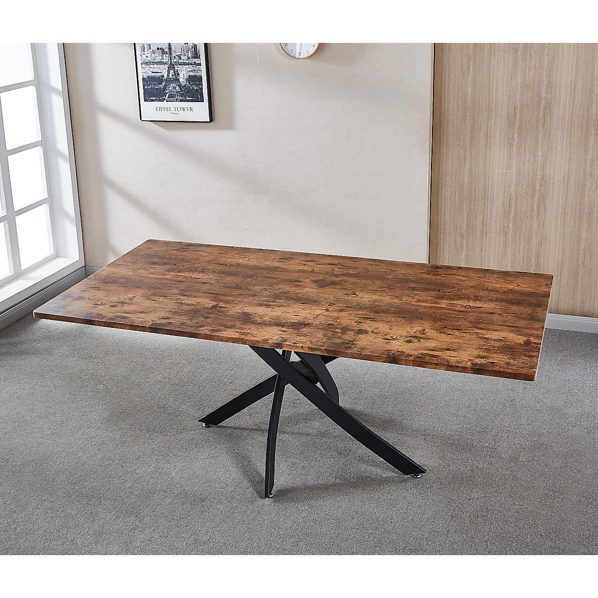 Mid-Century Dining Table for 6 People,63" Dining Room Table,Farmhouse Kitchen Table with Walnut Printed Wooden Table,Modern Dining Room Table with Black Metal Legs