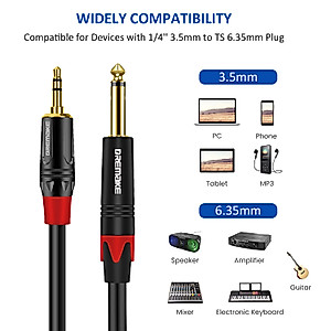 DREMAKE Mono 6.35mm to 3.5mm Stereo Audio Cable 3FT, Stereo 3.5mm Plug to TS 6.35mm Patch Cord, TS 1/4 Inch 6.35mm Male to 1/8 Inch 3.5mm Male Interconnect Cable for Phones, Sound Card, PA Audio