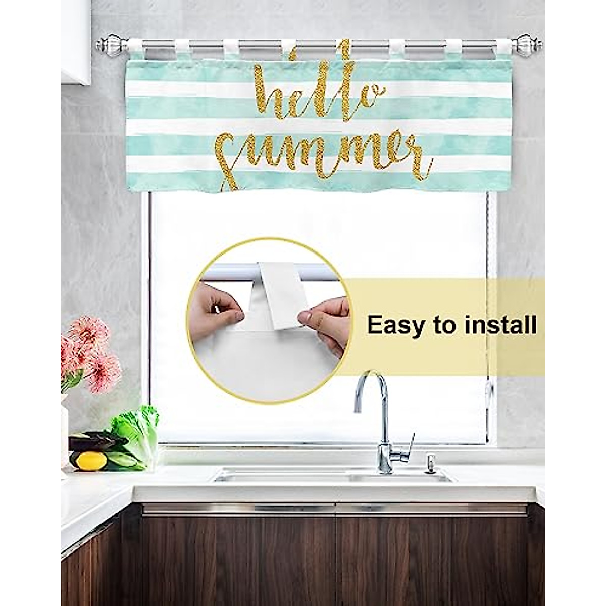 Tab Top Curtain Valance HELLO SUMMER Gold Round Spots on Blue and White Stripes Valance Curtains Light Filtering Rod Pocket Window Treatment Small Valances For Kitchen Cafe Basement, 1 Panel, 54X18In