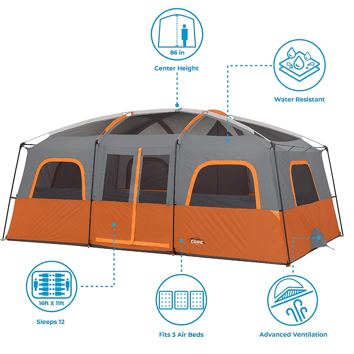 CORE 12 Person Tent | Large Multi Room Camping Tent for Outdoor Family Camping | Portable Cabin Stand Up Tent with Storage Pockets for Camping Accessories, 16ft x 11ft
