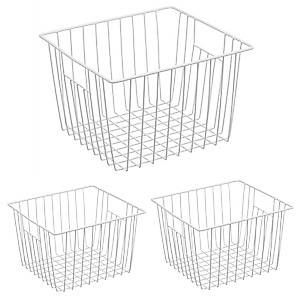 Freezer Organizer Baskets, Refrigerator Deep Metal Wire Food Storage Divider, Household Container Bins with Handles for Kitchen Cabinet, Pantry, Closet, Car, Bathroom, Office - Pearl White (3)