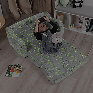 MOMCAYWEX Kids Extra Wide Glow in The Dark Chairs for Toddler, 2-in-1 Toddler Soft Sherpa Couch Fold Out, Convertible Sofa to Lounger for Girls and Boys, Dark Grey