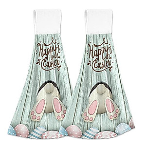 KOCOART Cute Bunny Bottom Kitchen Oven Towels Easter Eggs Hanging Hand Towel with Loop 2 Pieces Super Absorbent Dishcloth Fingertip Tea Bar Dish Towel for Bathroom Tabletop