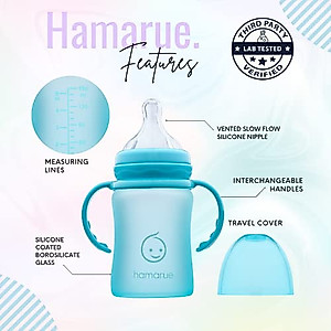 Hamarue 3-in-1 Glass Sippy Cups for Toddlers | Silicone Coated Glass Baby Bottles | Non-Toxic Transition Cup for Baby with Removeable Handles | Baby Straw Cup NB+, 3M, 6M, 12M (Teal, 5 oz)