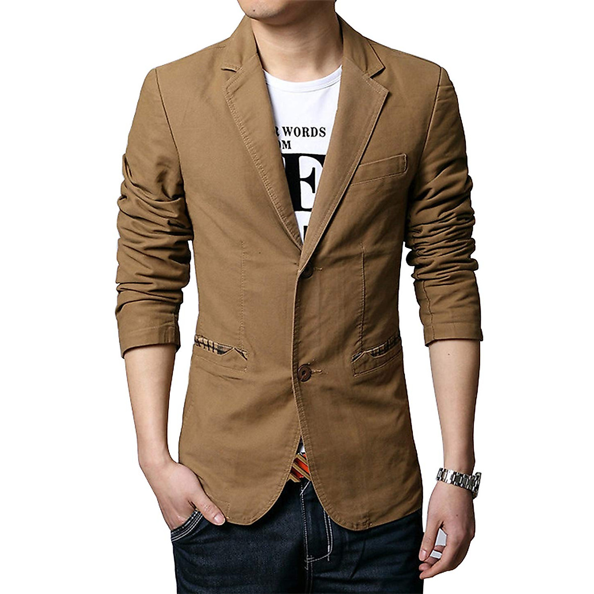 chouyatou Men's Slim 2-Button Single Breasted Cotton Lightweight Blazer Jacket Sport Coat (Large, Khaki)