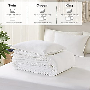 Codi White Boho Queen Comforter Set, Aesthetic Luxurious Pom Fringe Design Bedding Full, Cute Soft Washed Microfiber Bed Sets, Lightweight Chic 3pcs,1 Comforter & 2 Pillowcases (90x90 Inches)