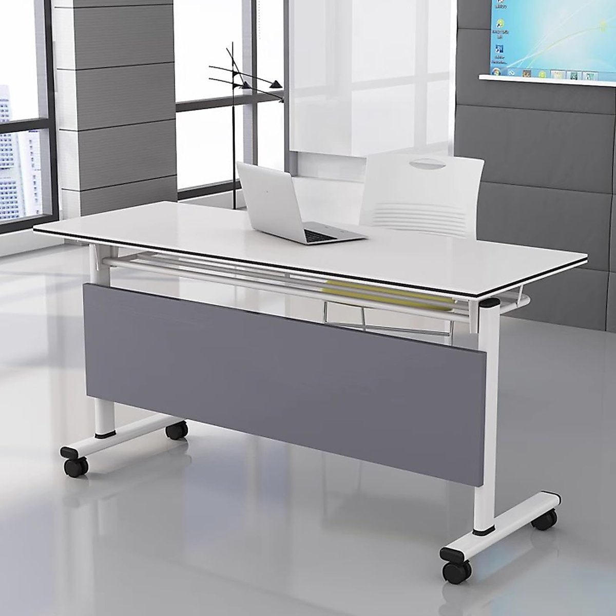 Foldable Meeting Table Set of 2, Conference Rooms Training Rooms Flip Top Mobile Training Table, Rectangular Rolling Splicing Multifunctional Computer Desk(2pcs 47.2inx19.7inx29.5in, White)