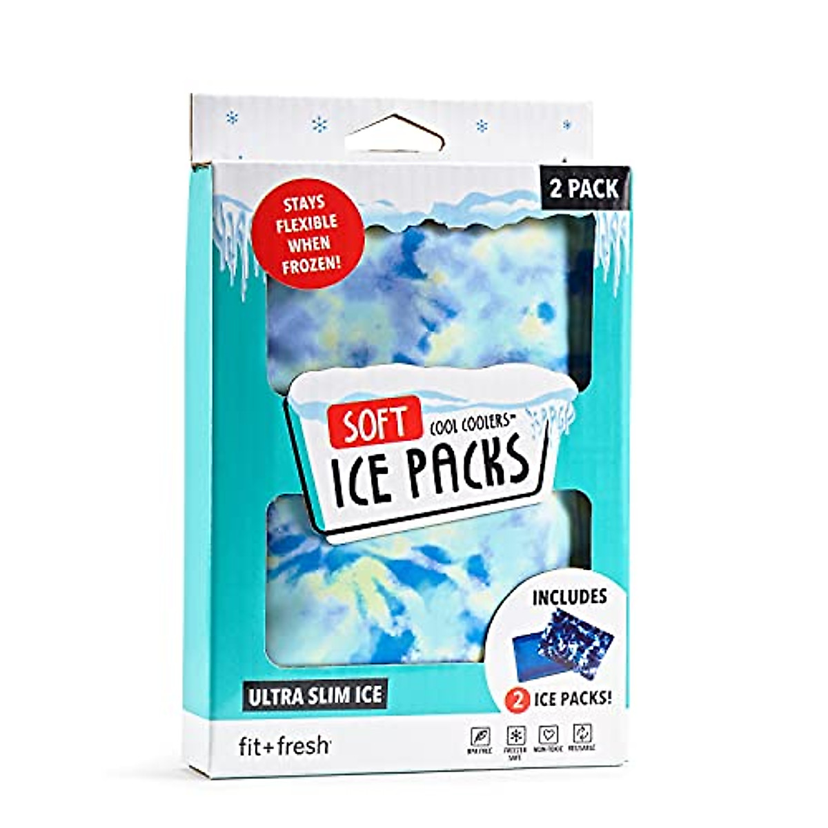 Cool Coolers by Fit + Fresh, Reusable Soft Ice Packs, 2PK, Berry Geo & Navy & by Fit + Fresh, Reusable & Flexible Soft Ice Packs, Perfect for Insulated Lunch Bag,2PK, Aqua Tie Dye