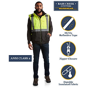 Bass Creek Outfitters Men's Safety Vest - High Visibility Workwear Insulated Construction Vest with Reflective Tape (M-XXL), Size Large, Hi Vis Yellow