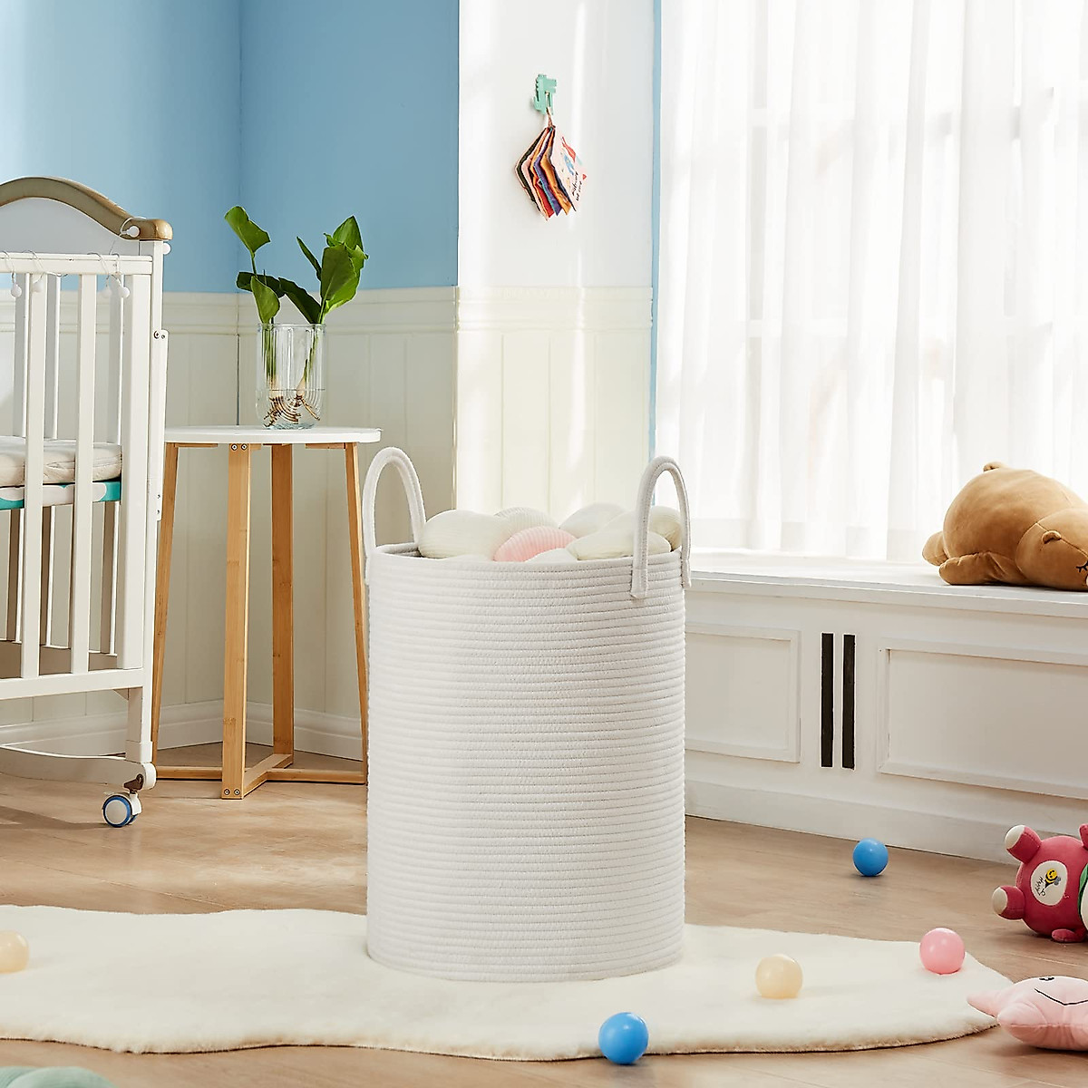 White Woven Rope Laundry Basket by TECHMILLY, 58L Baby Nursery Hamper for Clothes Blanket Storage, Large Tall Laundry Hamper for College Dorm, Bedroom, Living Room