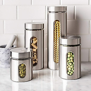 Quality 4pc Stainless Steel Canister Set for Kitchen Counter with Glass Window & Airtight Lids, Food Storage Containers, Pantry Storage & Organization Set for Coffee, Flour, Pasta, Rice, Spices, Herbs