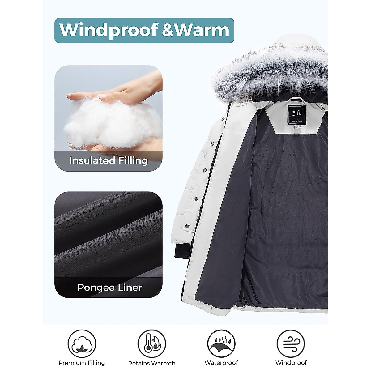 ZSHOW Girls' Hooded Winter Coat Warm Thicken Quilted Puffer Jacket Mid-Length Parka(Creamy White,8)