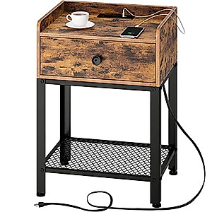 Rolanstar Nightstand with Charging Station and USB Ports, Rustic End Table with Drawer and Metal Shelf for Bedroom, Living Room, Rustic Brown