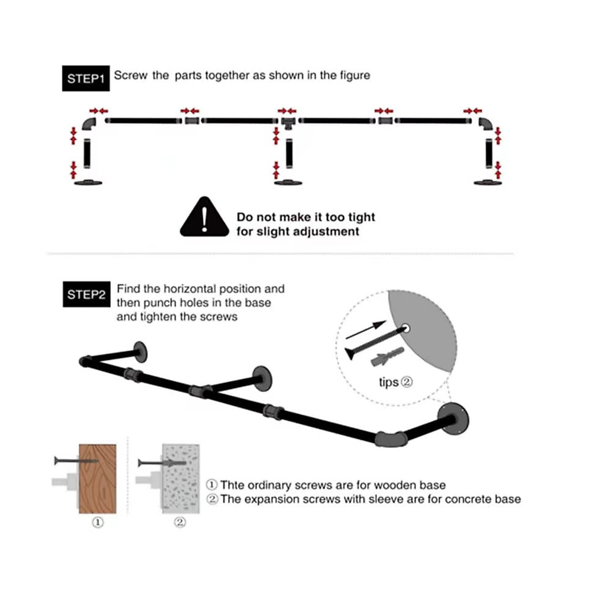 roundki Clothing Rack Wall Mounted, 70in Industrial Pipe Clothes Racks for Hanging Clothes, Heavy Duty Pipe Hanging Rod Garment Rack Bar for Closet Laundry, Max Load 145LbS Metal Black (2)
