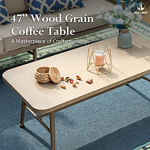 HERA'S HOUSE Patio Furniture Set, 2 x Cushioned Leg Chair, 3-Seat Sofa with Wood Grain Coffee Table, 5 Seats Luxury Windsor Style All Weahter Outdoor Sofa Conversation Set for Deck Lawn Backyard