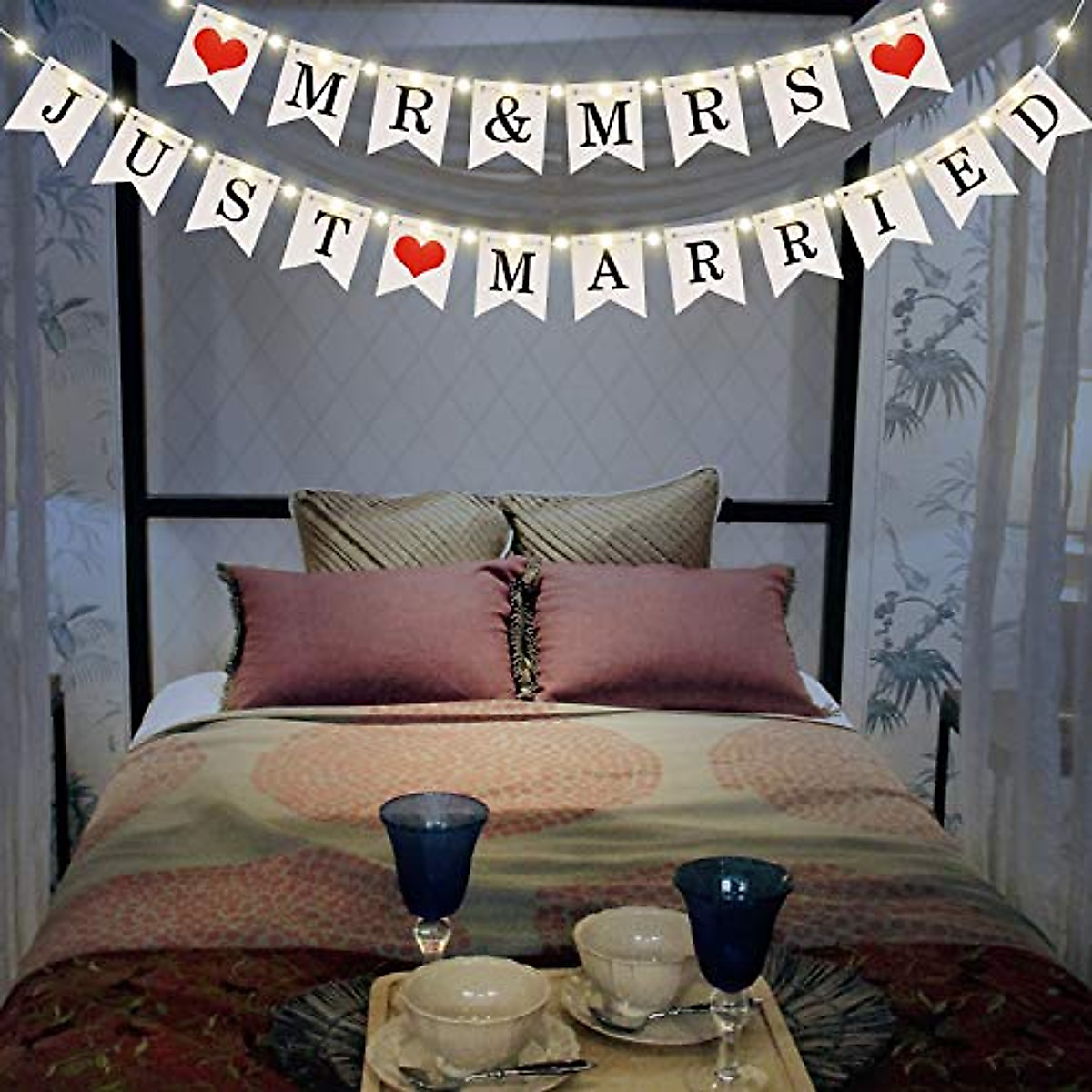Mr and Mrs Just Married Banner, Wedding Bunting Banner with LED Fairy String Light 8 Flicker Mode, Hanging Sign Garland Pennant Photo Booth Props for Bridal Shower Wedding Engagement Car Party
