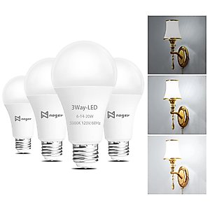 Noger 3-Way Led Light Bulbs A21 4 Pack, 3 Way Light Bulbs 50 100 150W Equivalent, 5000K Daylight, 3 Way E26 Light Bulbs for Reading, 500-1600-2200LM
