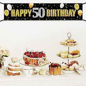 50th Birthday Banner Decorations for Men Women, Black Gold Happy 50 Birthday Yard Banner Sign Party Supplies, Fifty Year Old Birthday Party Decor for Indoor Outdoor