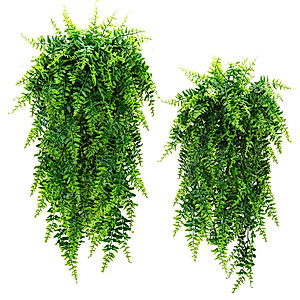 GBESTWOOW Fake Fern Artificial Hanging Ferns Outdoor Faux Hanging Greenery Plant Indoor UV Resistant Plastic Plants for Wall, Wedding Party, Holiday Decor-2Pcs