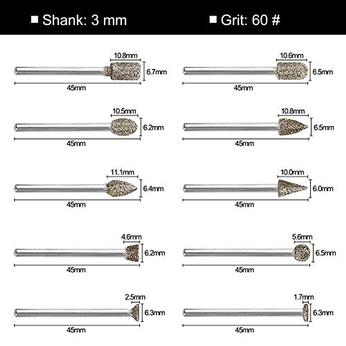 60 Grit 20Pcs 𝗗𝗶𝗮𝗺𝗼𝗻𝗱 𝗕𝘂𝗿𝗿 𝗦𝗲𝘁 - GOXAWEE Rotary Grinding Burrs Engraving Bits Set with 1/8-inch Shank, Diamond-Coated Stone Carving Accessories Bit Universal Fitment for Rotary Tools