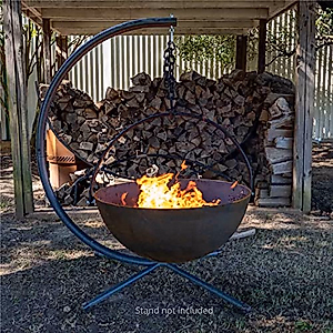 Ash & Ember 42" Cast Iron Cauldron Fire Pit Bowl with Double Hinged Grill Grate-Easy-Lift Handles & Handing Chain, Round Wood Burning Patio Fire Bowl for Backyard Patios