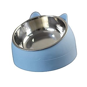 MagiDeal Pet Feeder 15° Raised Water Food Feeder Pet Supplies Tilted Elevated Non Slip Metal Single Bowl for Cat Dog for Indoor Cats Puppy Small Dogs, Blue