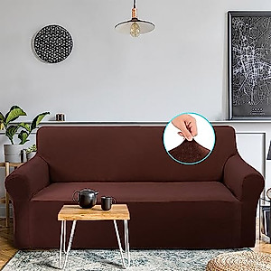 U-NICE HOME Velvet Sofa Covers Stretch Couch Covers for 3 Cushion Couch Furniture Protector Sofa Slipcover (Large, Chocolate)