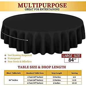 6 Pack Round Plastic Tablecloth 84" Black Disposable Table Covers Waterproof Circle Party Table Cloths for Round Tables and 6 Pack 12"x108" Rose Gold Satin Table Runners for Parties Birthday Picnic