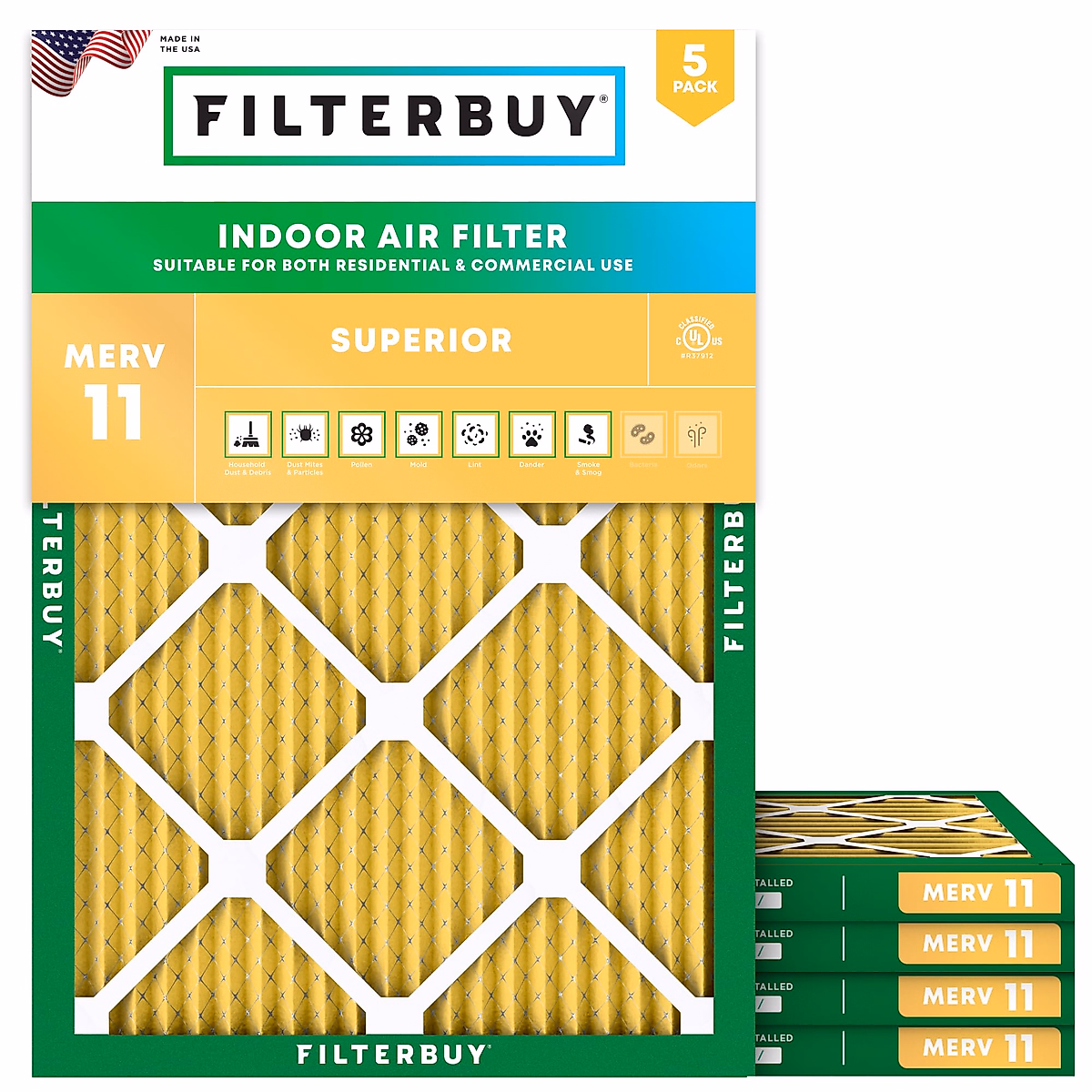 Filterbuy 20x25x1 Air Filter MERV 11 Allergen Defense (5-Pack), Pleated HVAC AC Furnace Air Filters Replacement (Actual Size: 19.50 x 24.50 x 0.75 Inches)