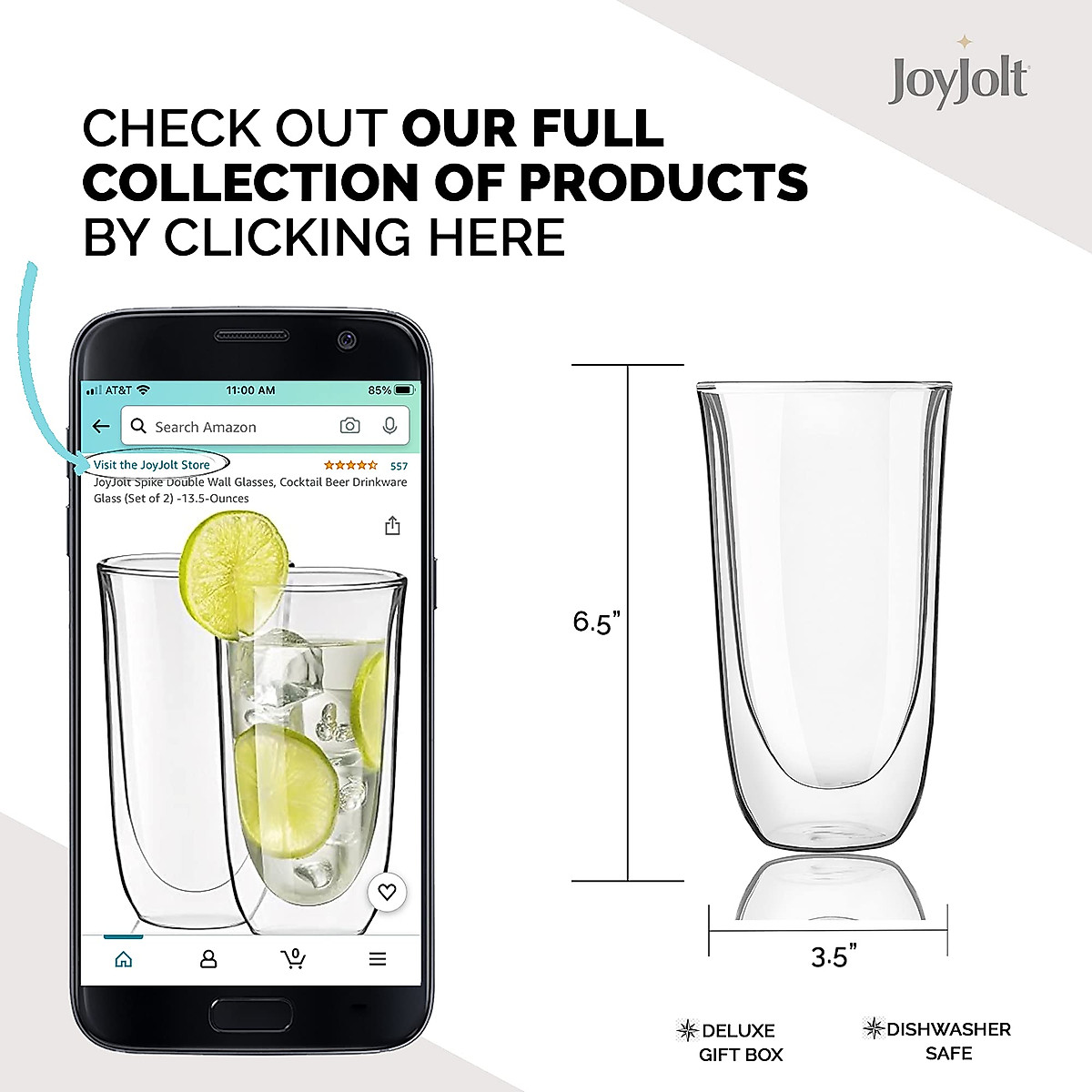 JoyJolt Spike Double Wall Glasses, Cocktail Beer Drinkware Glass Set of 2 - double walled glass 13.5 Ounces