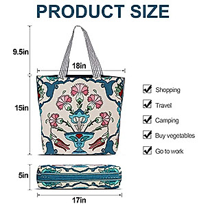 Aflngle Tote Bag for women Casual Canvas Handbags Beach Totes Large Capacity Grocery Shopping Bag Floral Embroidered Fashion Tote Bags, Travelling Shoulder Bags With Zipper boho Daily Bag