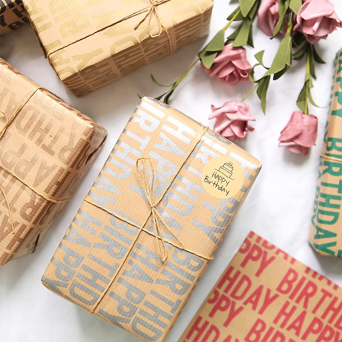 Happy Birthday Wrapping Paper For Boys Men Women Girls Kids,Recycled Gift Wrapping Paper, 20 x 28 inches per sheet (12 sheets: 47 sq. ft. ttl.) Brown Kraft Folded Paper with Jute Strings, Stickers and Bows for Birthday Occasions