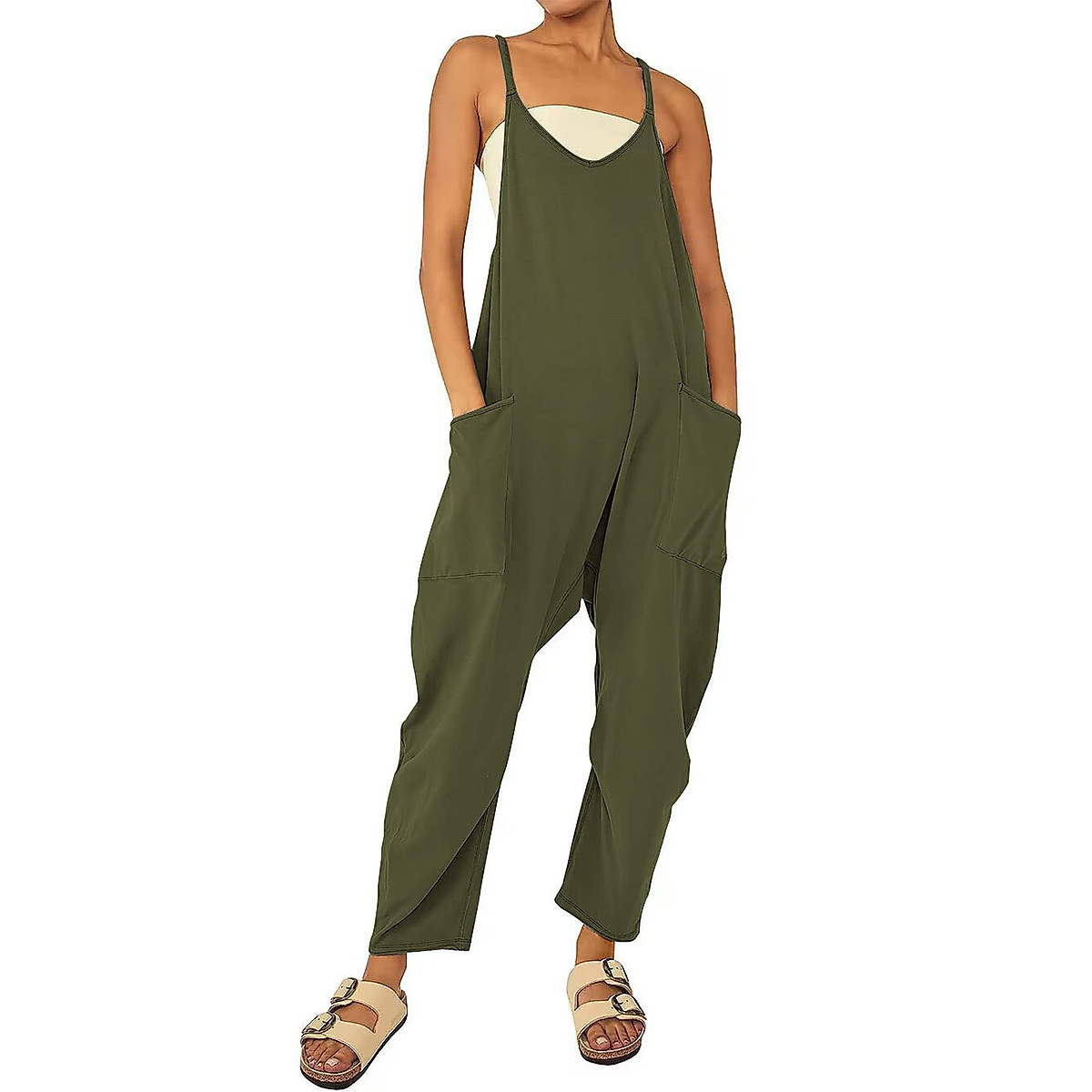 Wyeysyt Womens Casual Jumpsuits Sleeveless Loose Adjustable Strap Overalls Wide Leg Baggy Bibs Romper Pants with Pockets(ArmyGreen-M)