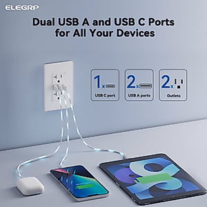 ELEGRP USB Outlets Receptacles, 3-Port USB C Wall Outlet, 30W 6.0A USB Electrical Outlet, 20 Amp Tamper-Resistant Outlet with USB C Ports, UL Listed, Screwless Wallplate Included, 10 Pack, Matte White