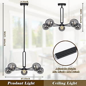 5-Light Globe Chandelier Pendant Lighting - Modern Large Semi-Flush Ceiling Light Fixture with Smoked Glass, Black Dining Room Light Fixture, Sputnik Light Fixture for Kitchen Living Room Bedroom