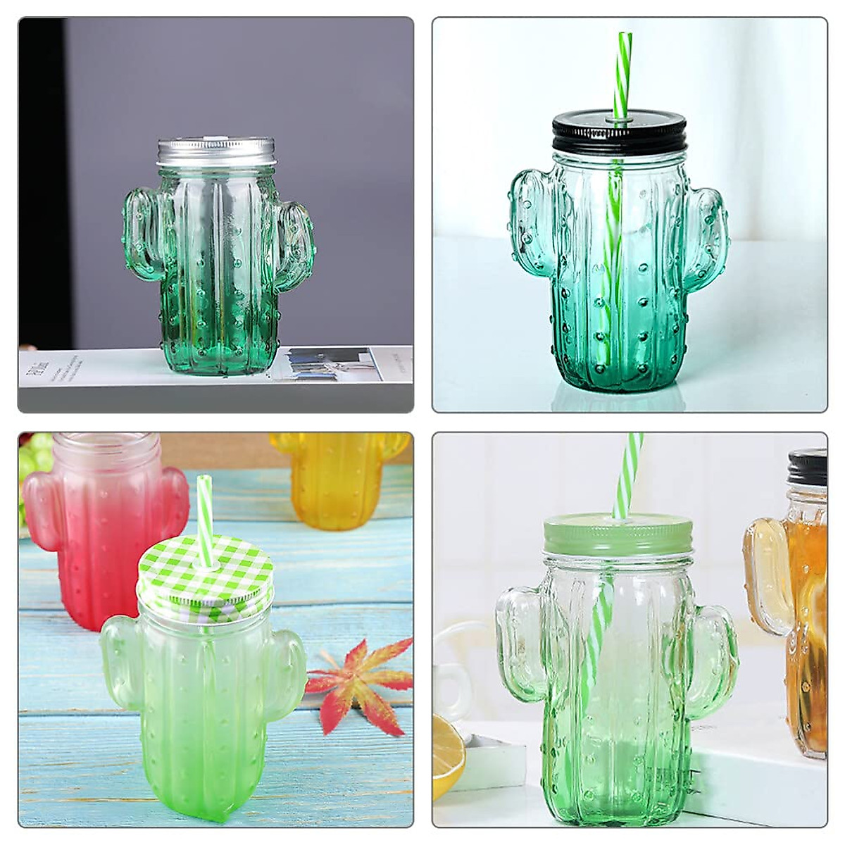 SEWACC 2 Sets Cactus Drinking Glasses Plant Shape Glass Straw Cup Creative Cute Shot Glasses Water Cups Iced Coffee Cup Wide Mouth Bubble Cups for Cocktail Beverage 400ML