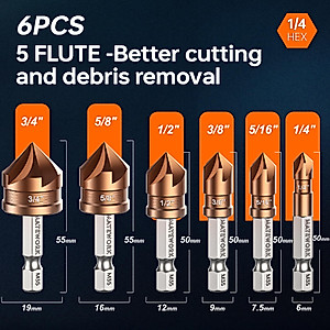 Countersink Drill Bit Set, M35 Cobalt HSS Countersink Drill Bits 6 Pieces 1/4 Inch Quick Change Hex Shank for Metal, Wood, Stainless Steel, Carbon Steel