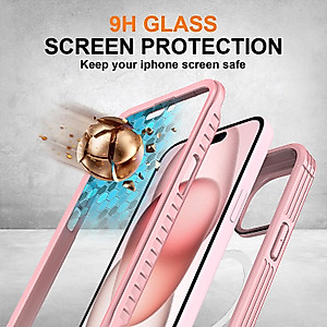 Ezanmull for iPhone 15 Case [Compatible with MagSafe] [with Built-in Touch Sensitive Anti-Scratch 9H Tempered Glass Screen Protector + Camera Lens Protector] Full-Body Magnetic Case (Clear&Pink)