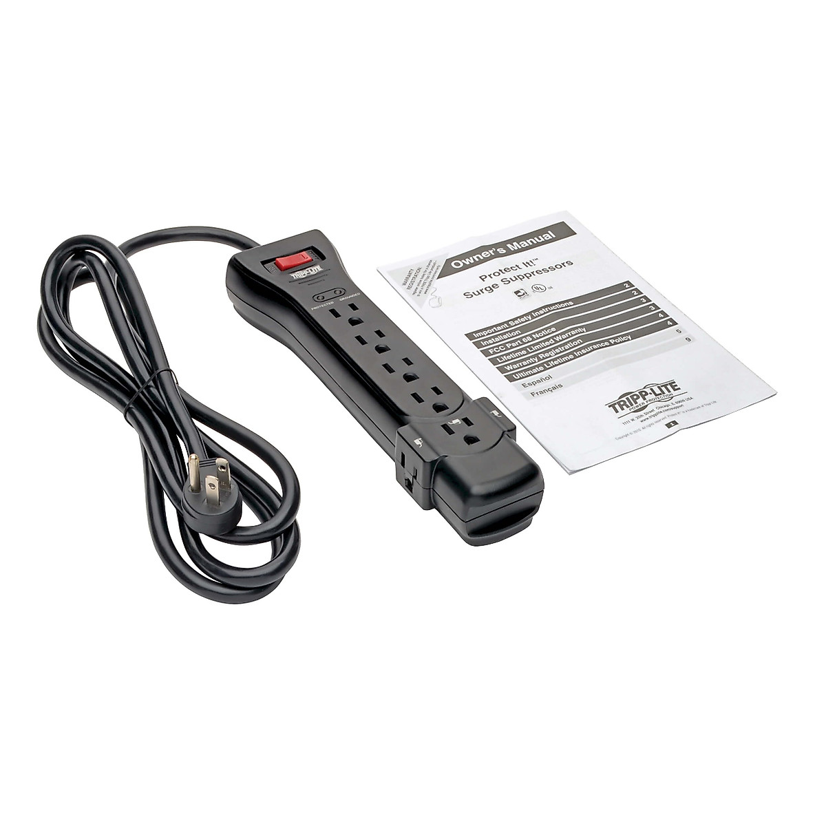 Tripp Lite 7-Outlet Surge Protector Power Strip, 7 Foot / 2.13M Cord, Right Angle Plug, 2160 Joules, Black & $75,000 Insurance (SUPER7B)