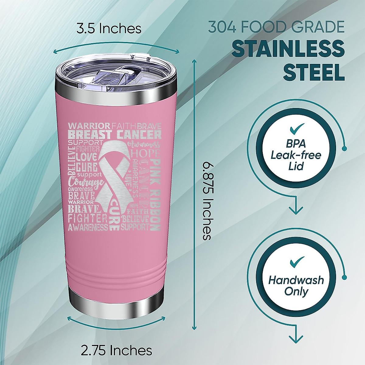 shop4ever Breast Cancer Awareness Ribbon Word Cloud Insulated Tumblers 20 oz. with Lid, Stainless Steel Cups Travel Coffee Mug (Light Pink)